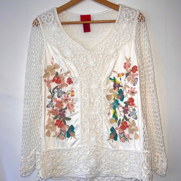 V Cristina | Tops | V Cristina Embroidered Floral Knit Lace Sleeve Boho ...